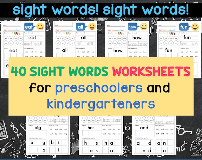 Preschool & Kindergarten Sight Word Worksheets 40 Sight Words - Etsy
