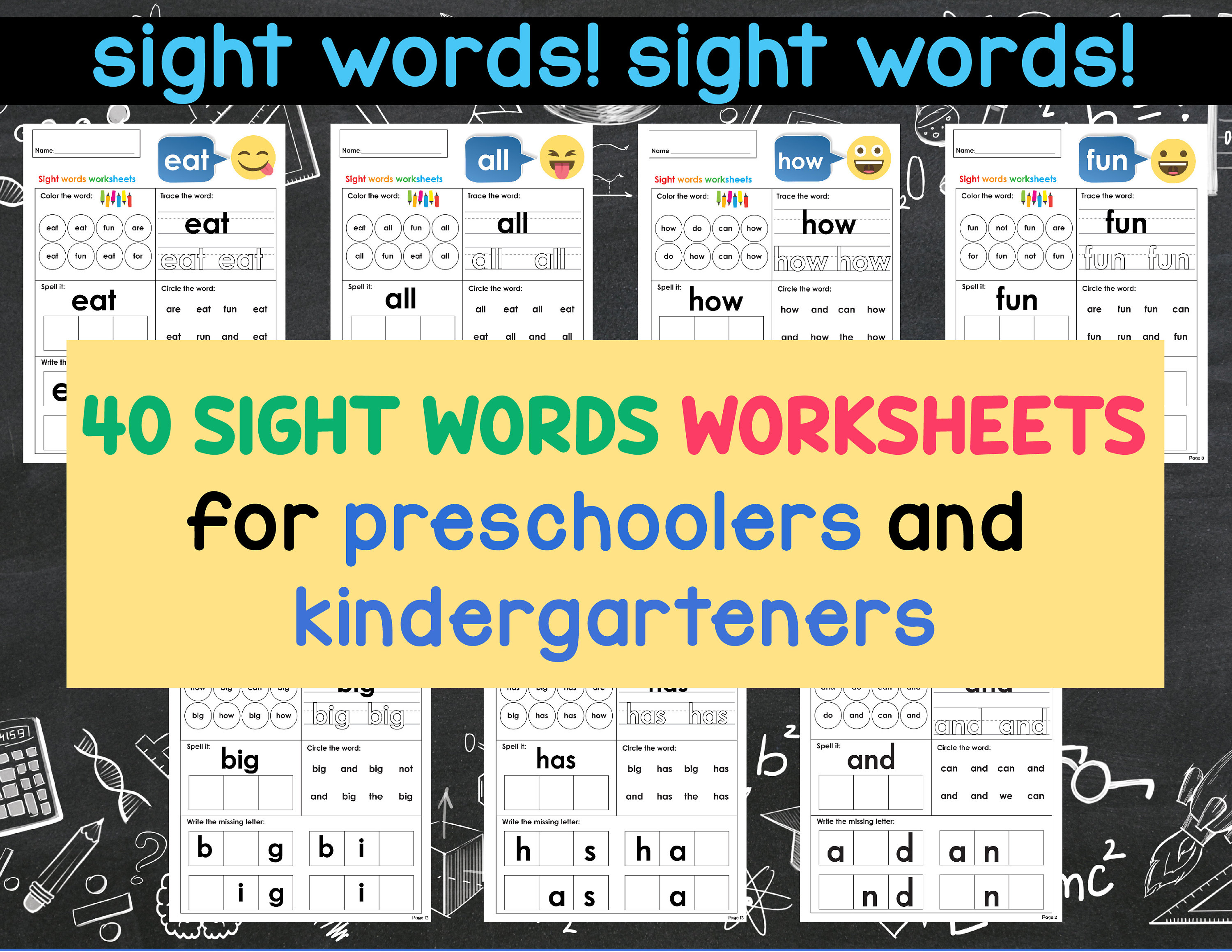 Preschool & Kindergarten Sight Word Worksheets - 40 Sight Words! - Etsy