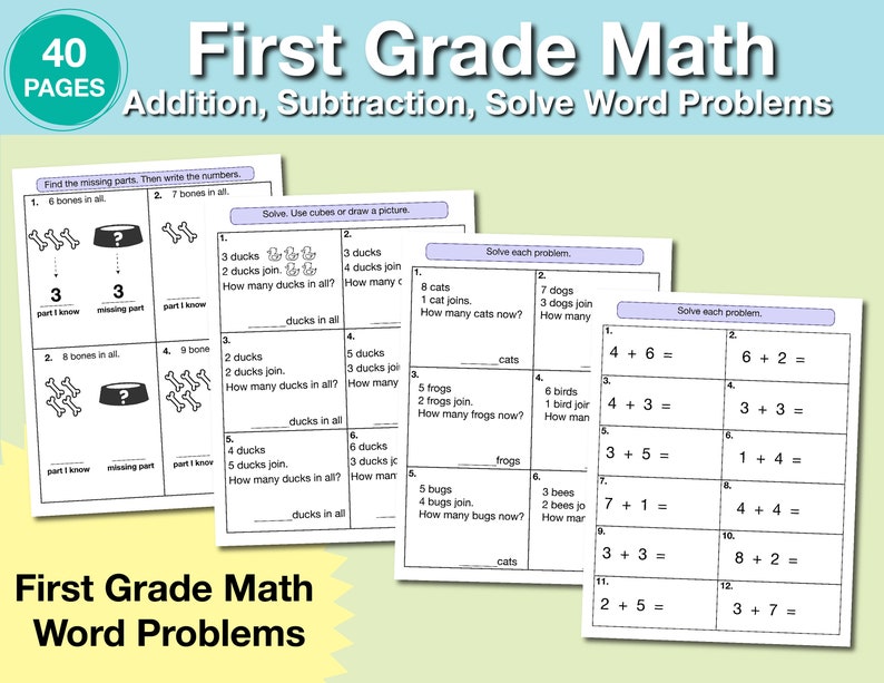 1st Grade Math Worksheet Printable - Addition, Subtraction, Word ...