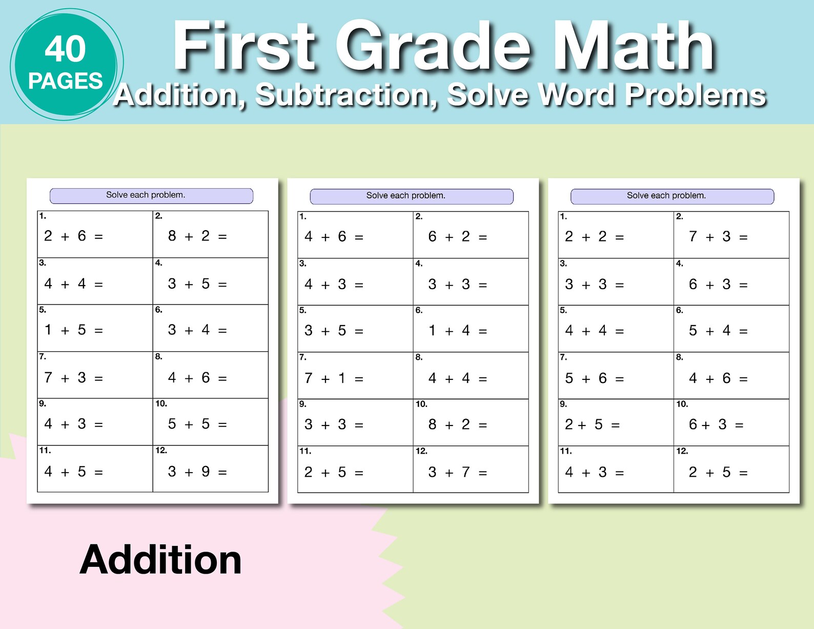 1st Grade Math Worksheet Printable - Addition, Subtraction, Word ...