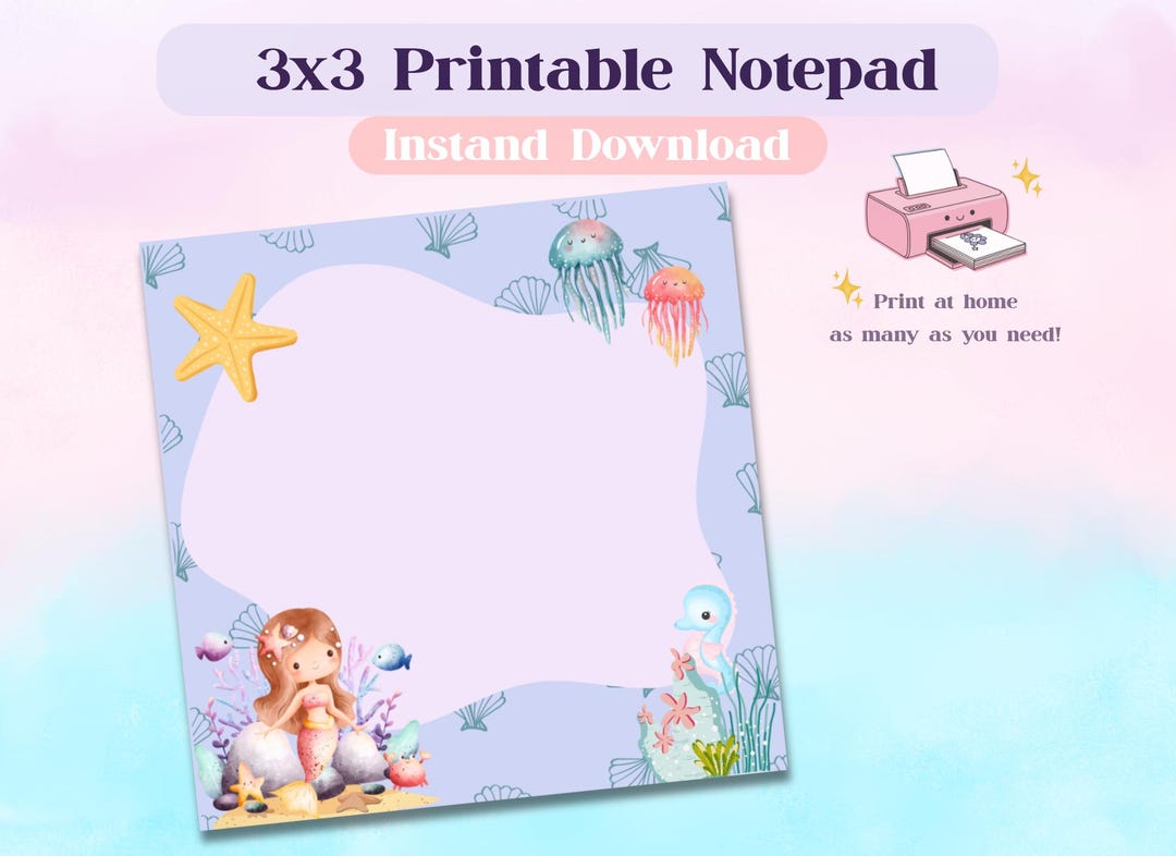Girly Mermaid Printable Notepad | 3x3 Printable Post It Notes (PDF ...