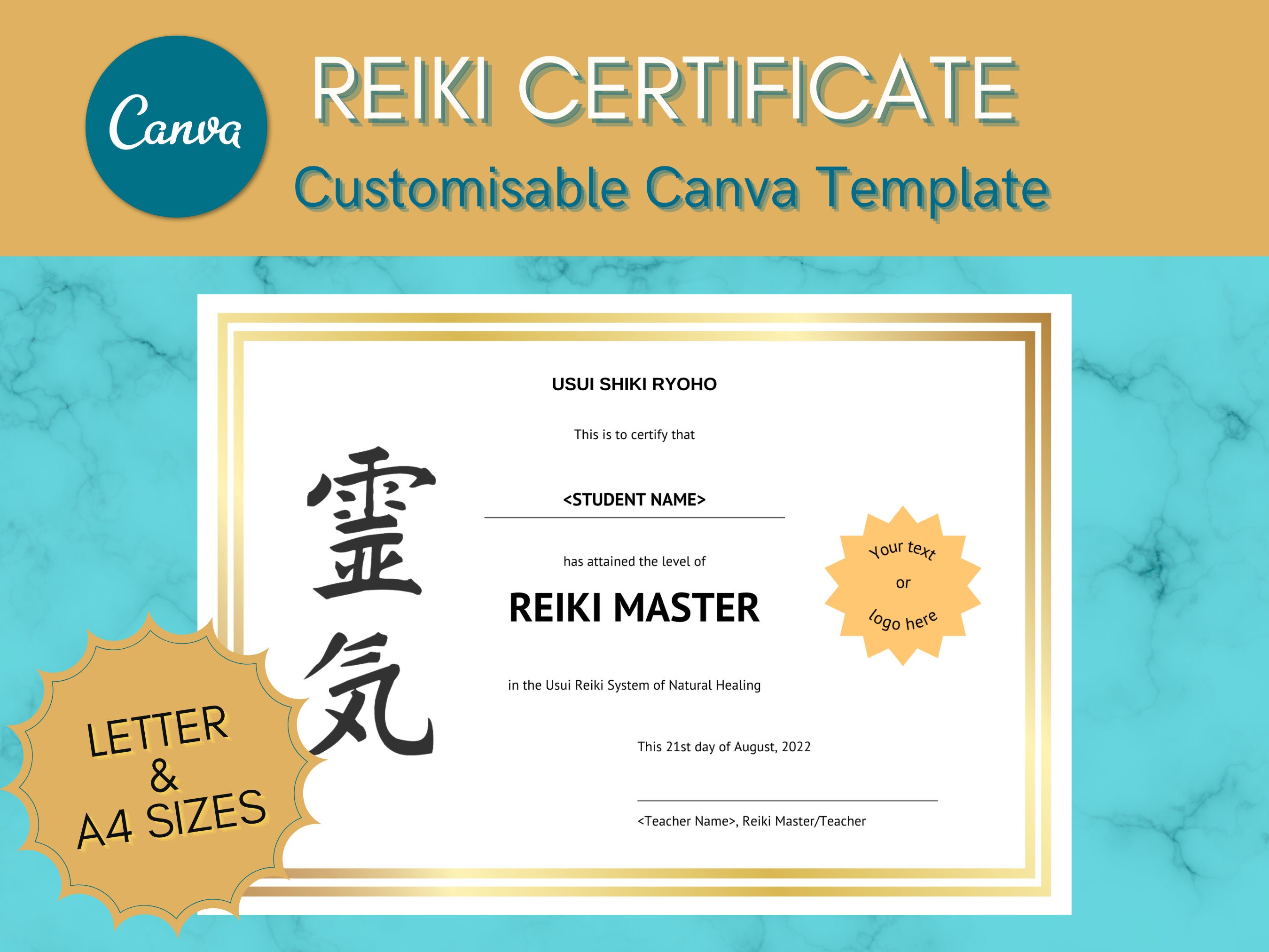 Reiki Certificate for All Levels, Customisable Canva Template - Etsy