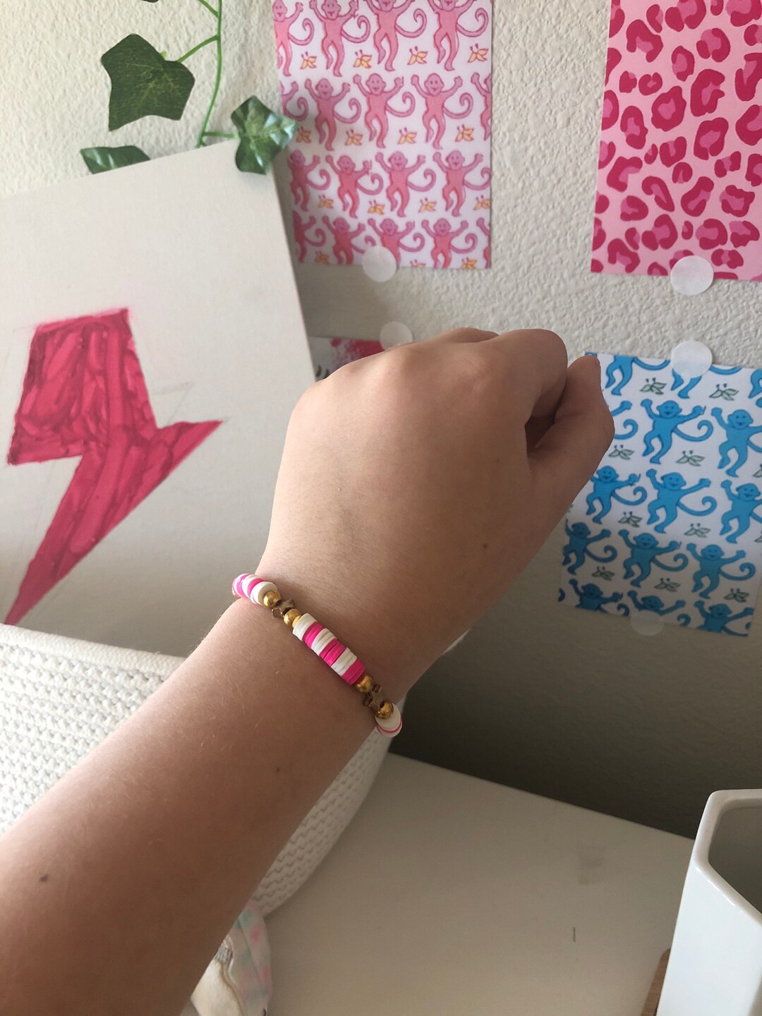 Preppy Pink and White Star Pattern Bracelet - Etsy
