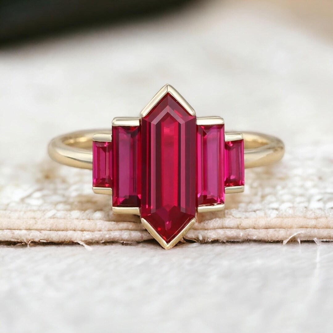 Hexagon Cut Ruby Engagement Ring Unique Rose Gold Ring Baguette Cut ...