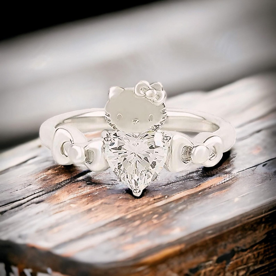 Kitty Inspired Ring, Hello Cute Kitty Diamond Ring, Cartoon Cat Ring ...