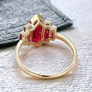 Hexagon Cut Ruby Engagement Ring Unique Rose Gold Ring Baguette Cut ...