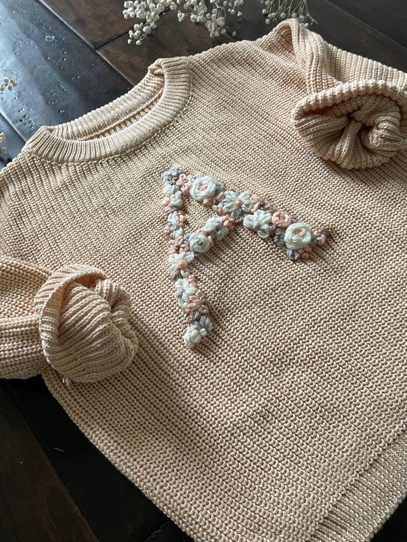 Custom Initial Floral Letter on a Chunky Knit Sweater for Babies and ...