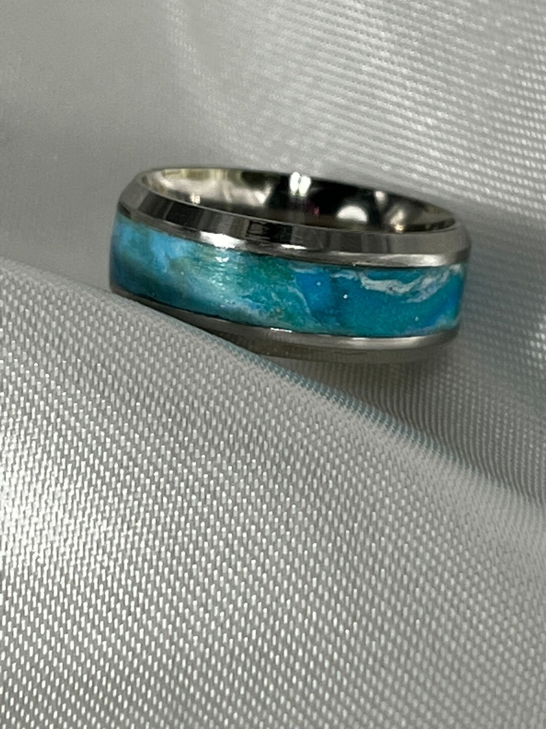 Blue and White Swirled Inlay Wedding Ring on Stainless Steel Ring ...