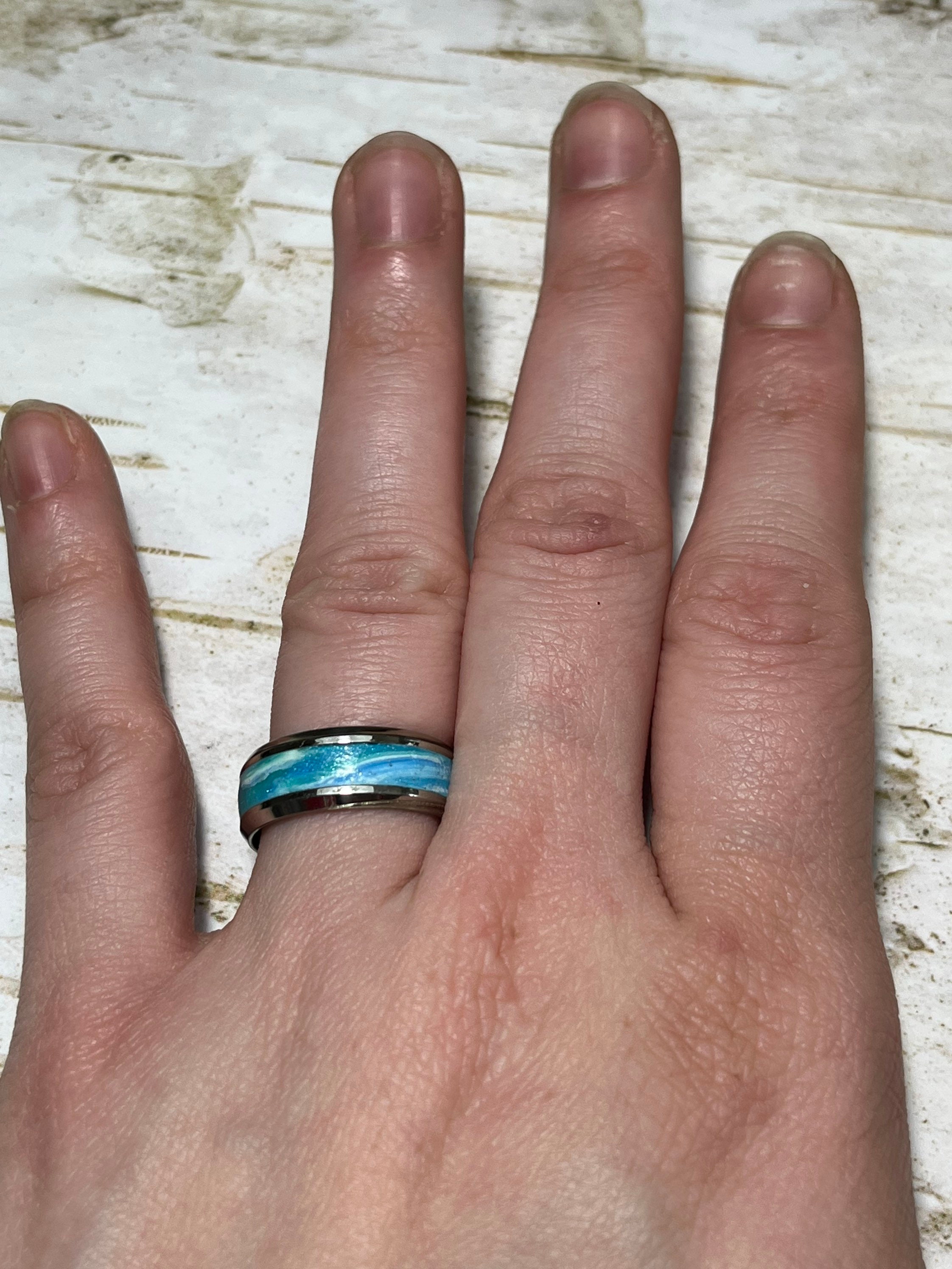 Blue and White Swirled Inlay Wedding Ring on Stainless Steel Ring ...