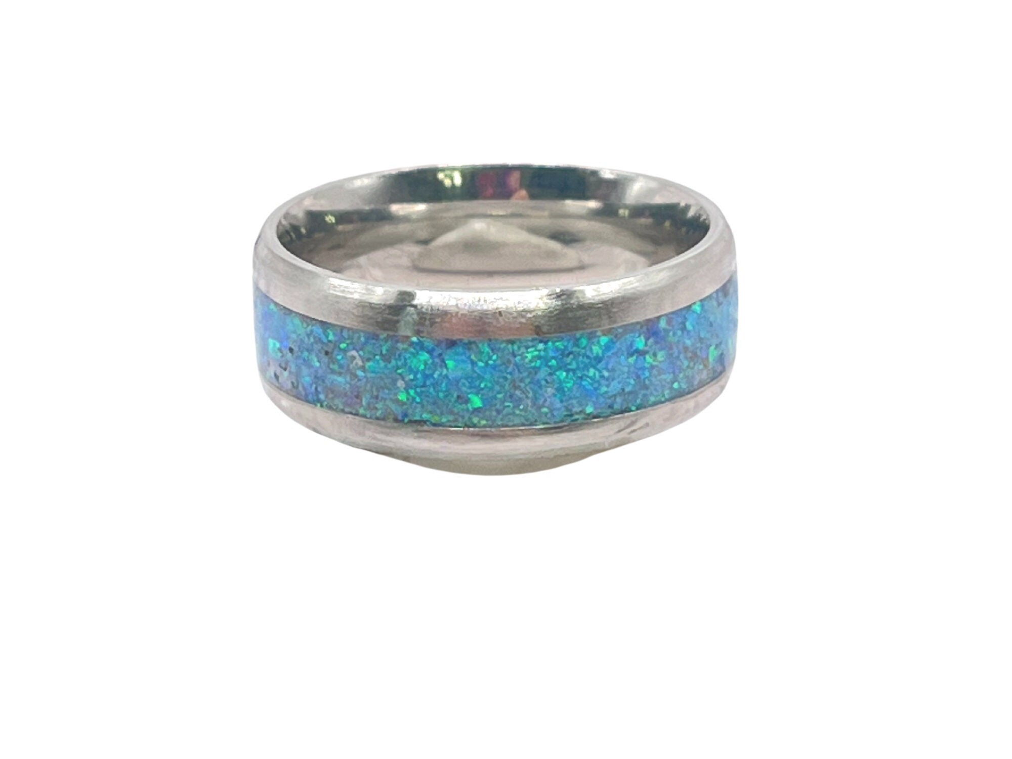 Opal Inlay Ring Baby Blue 8mm Stainless Steal, Mens Womans Wedding ...