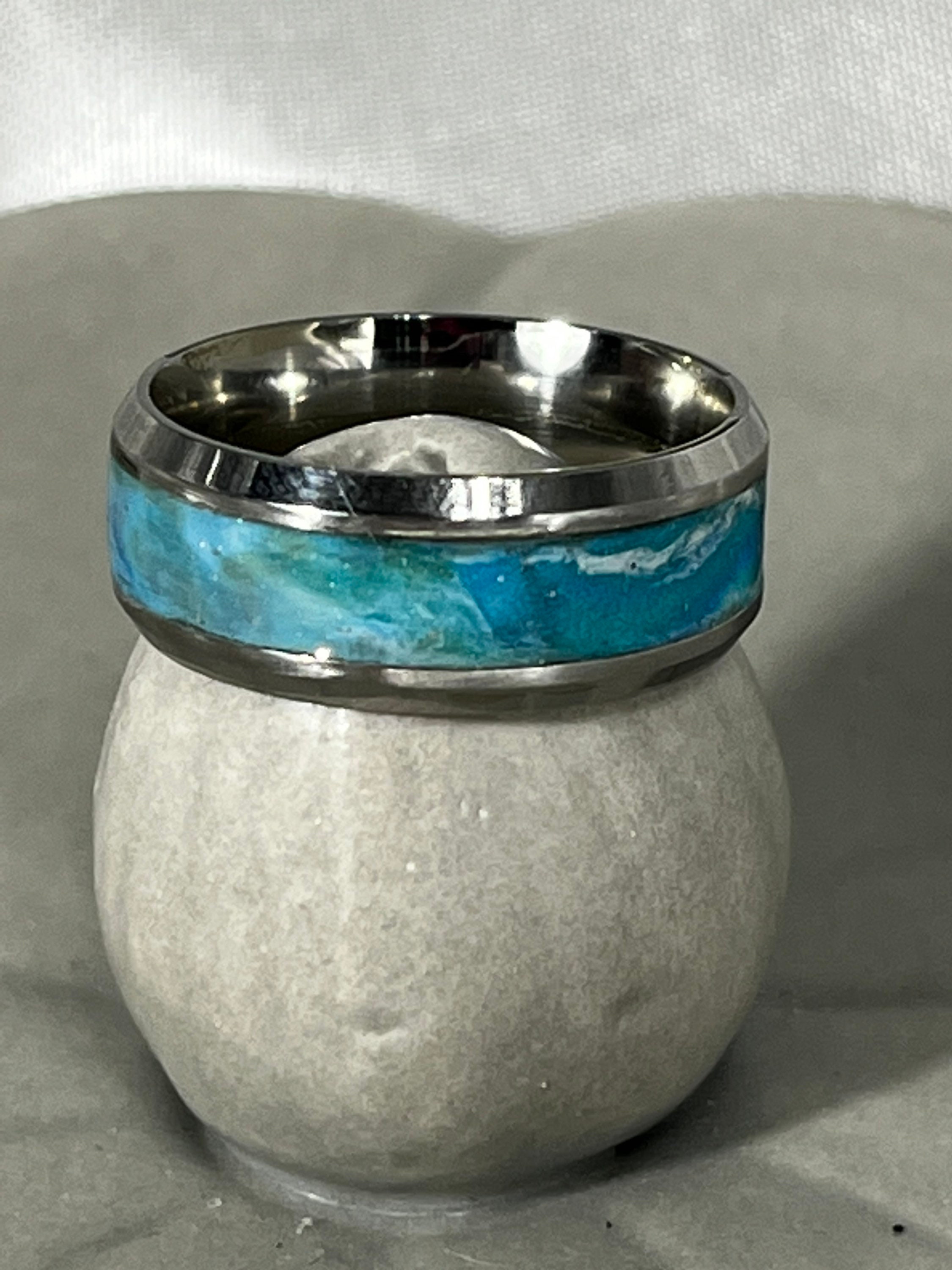 Blue and White Swirled Inlay Wedding Ring on Stainless Steel Ring ...