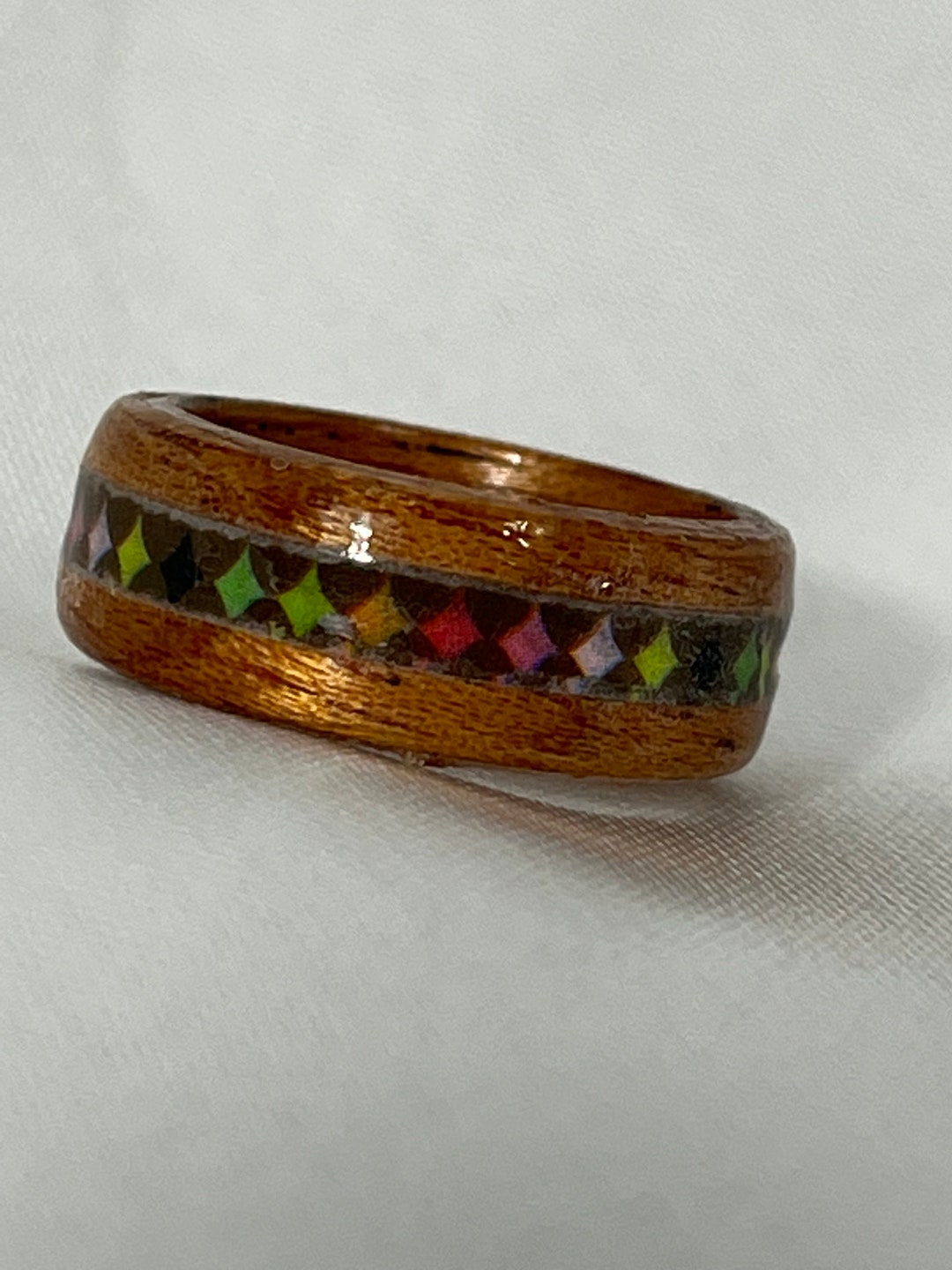 Diamond Pattern Wooden Inlay Ring, 8mm Bentwood Ring, Patterned Inlay ...