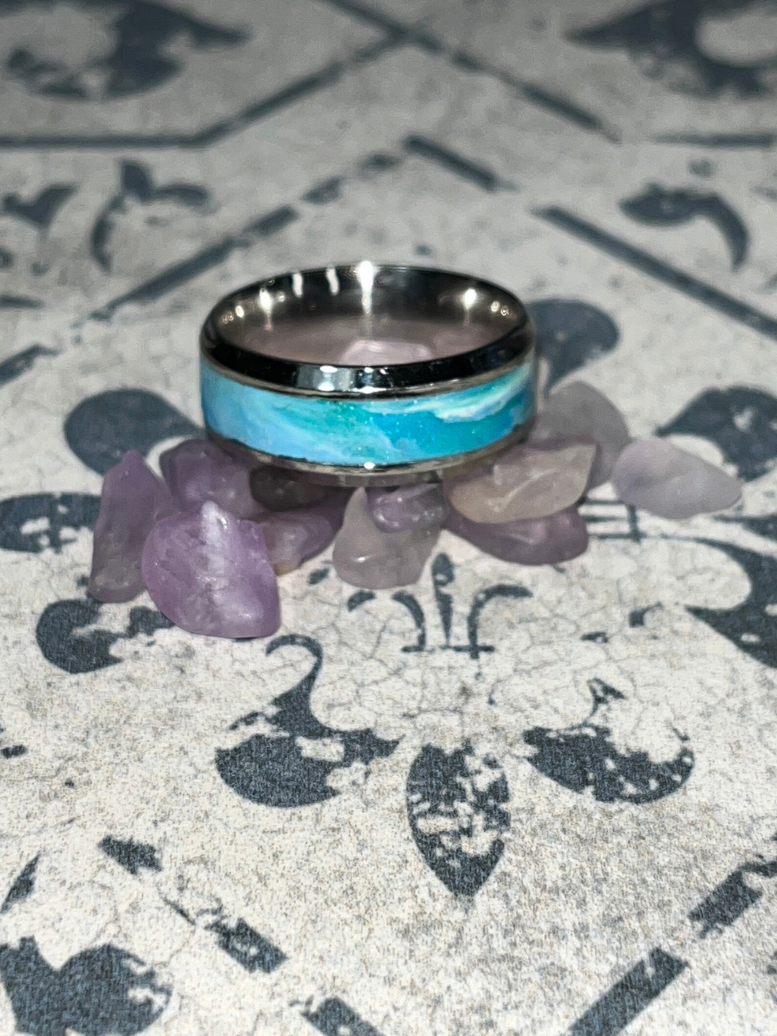 Blue and White Swirled Inlay Wedding Ring on Stainless Steel - Etsy