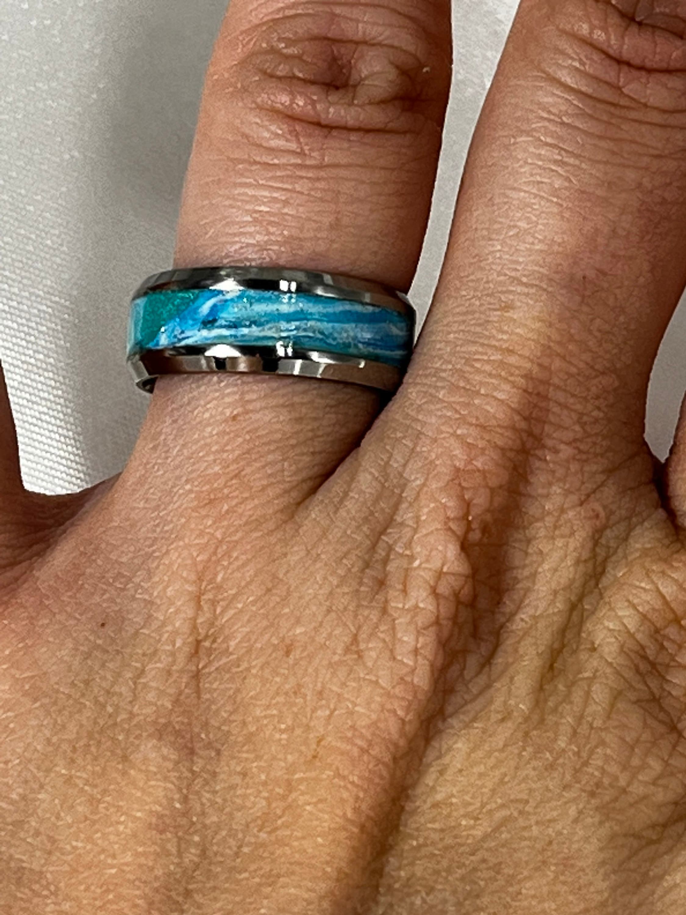 Blue and White Swirled Inlay Wedding Ring on Stainless Steel Ring ...