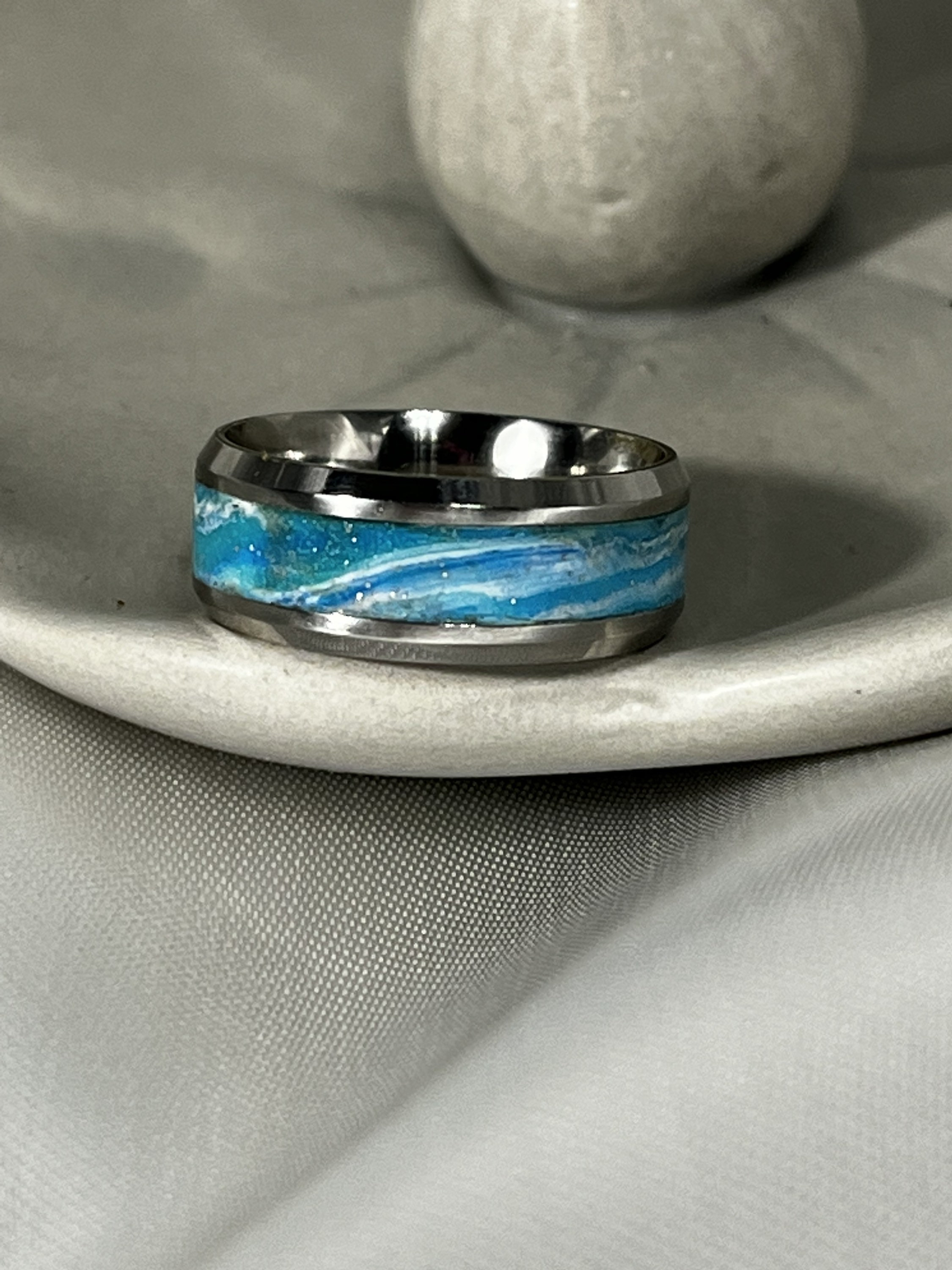 Blue and White Swirled Inlay Wedding Ring on Stainless Steel Ring ...