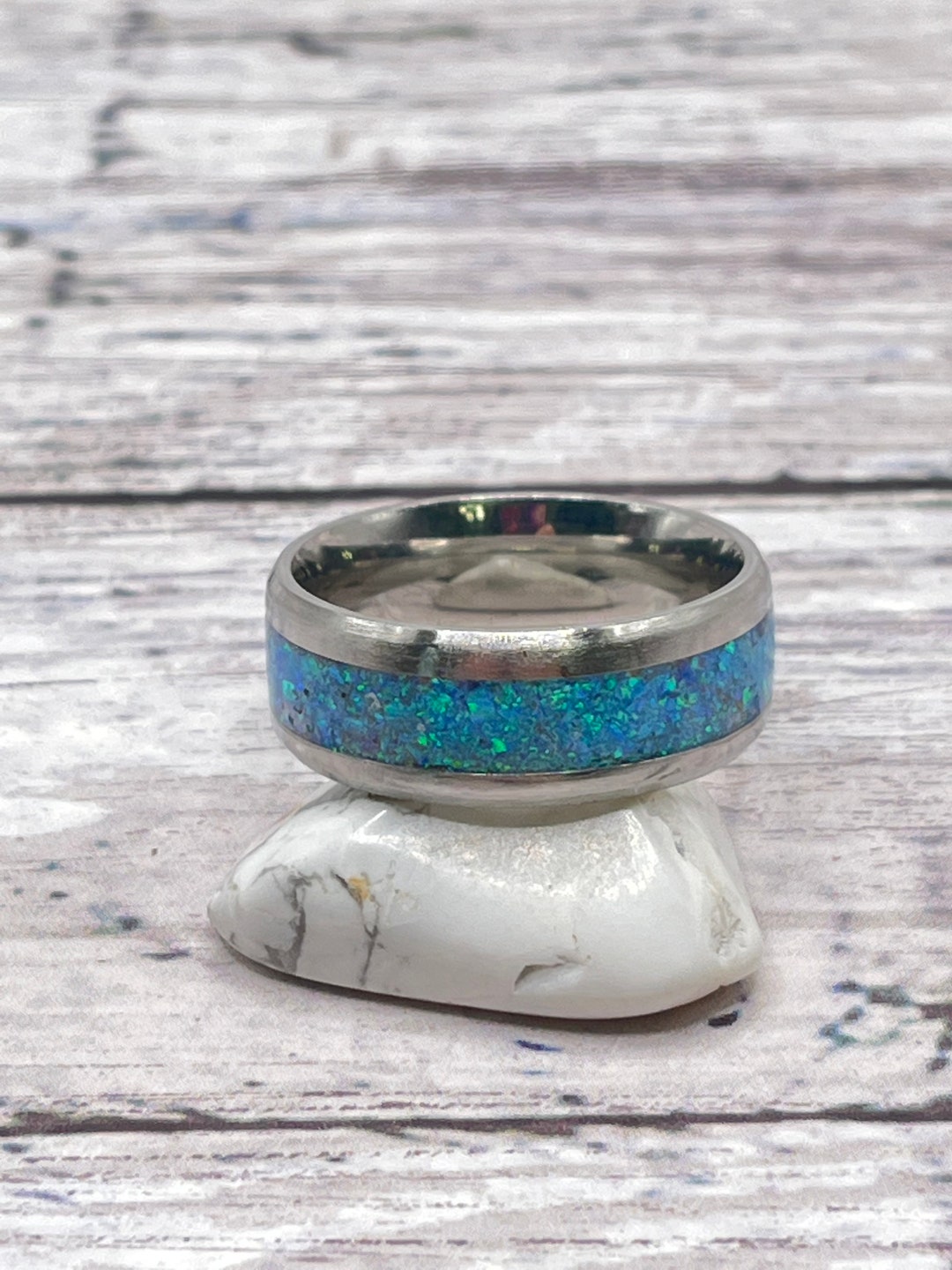 Opal Inlay Ring Baby Blue 8mm Stainless Steal, Mens Womans Wedding ...