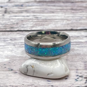Opal Inlay Ring Baby Blue 8mm Stainless Steal, Mens Womans Wedding ...