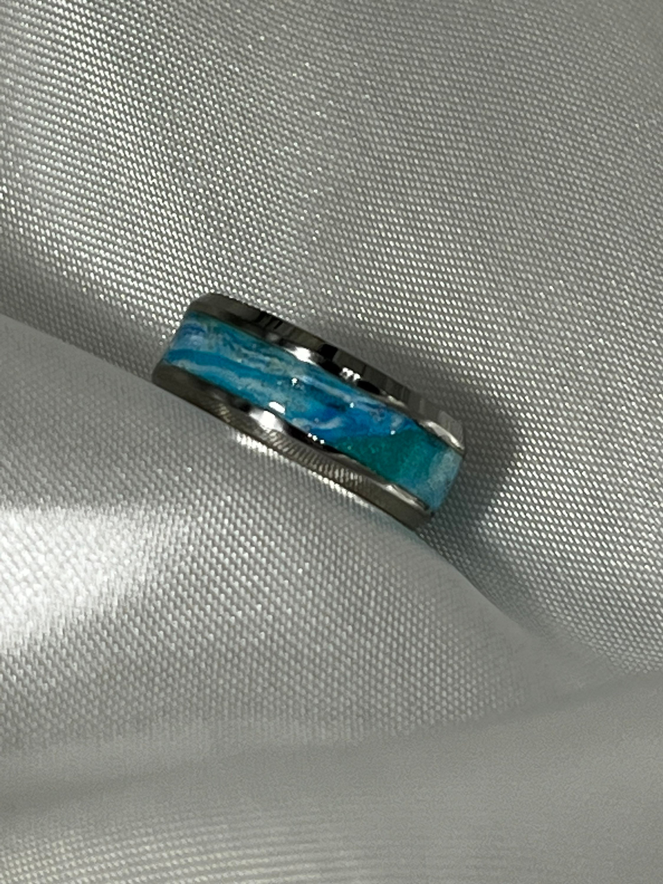 Blue and White Swirled Inlay Wedding Ring on Stainless Steel Ring ...