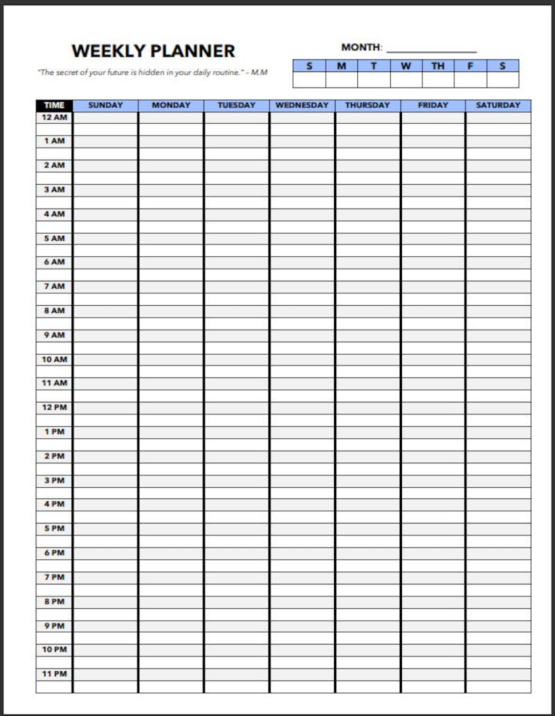 Weekly Time Planner (24 Hours) - Etsy
