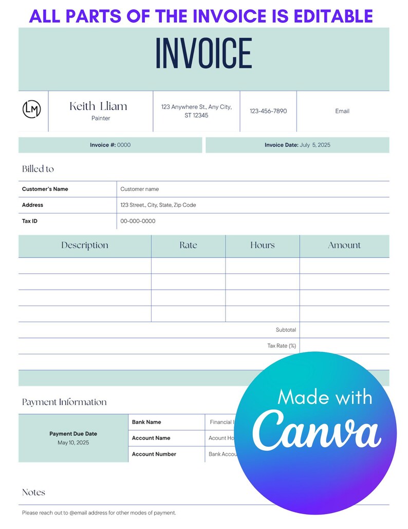 Invoice Template | Small Business Invoice Editable | Digital Download ...