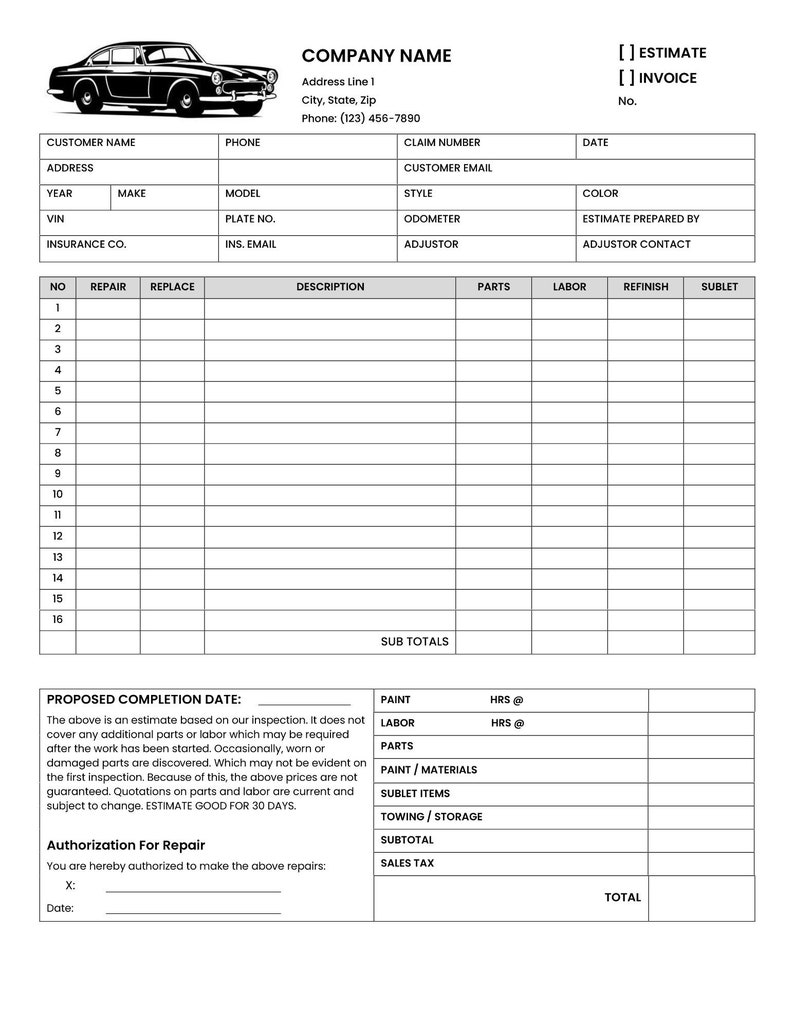 Auto Repair Invoice Template | Editable Car Service Form (word ...