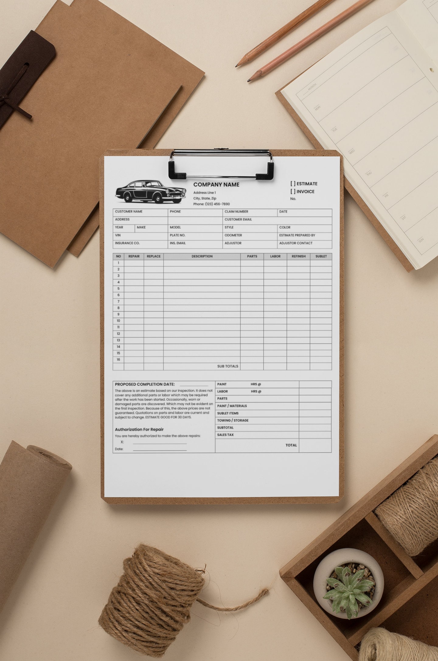 Auto Repair Invoice Template | Editable Car Service Form (word ...