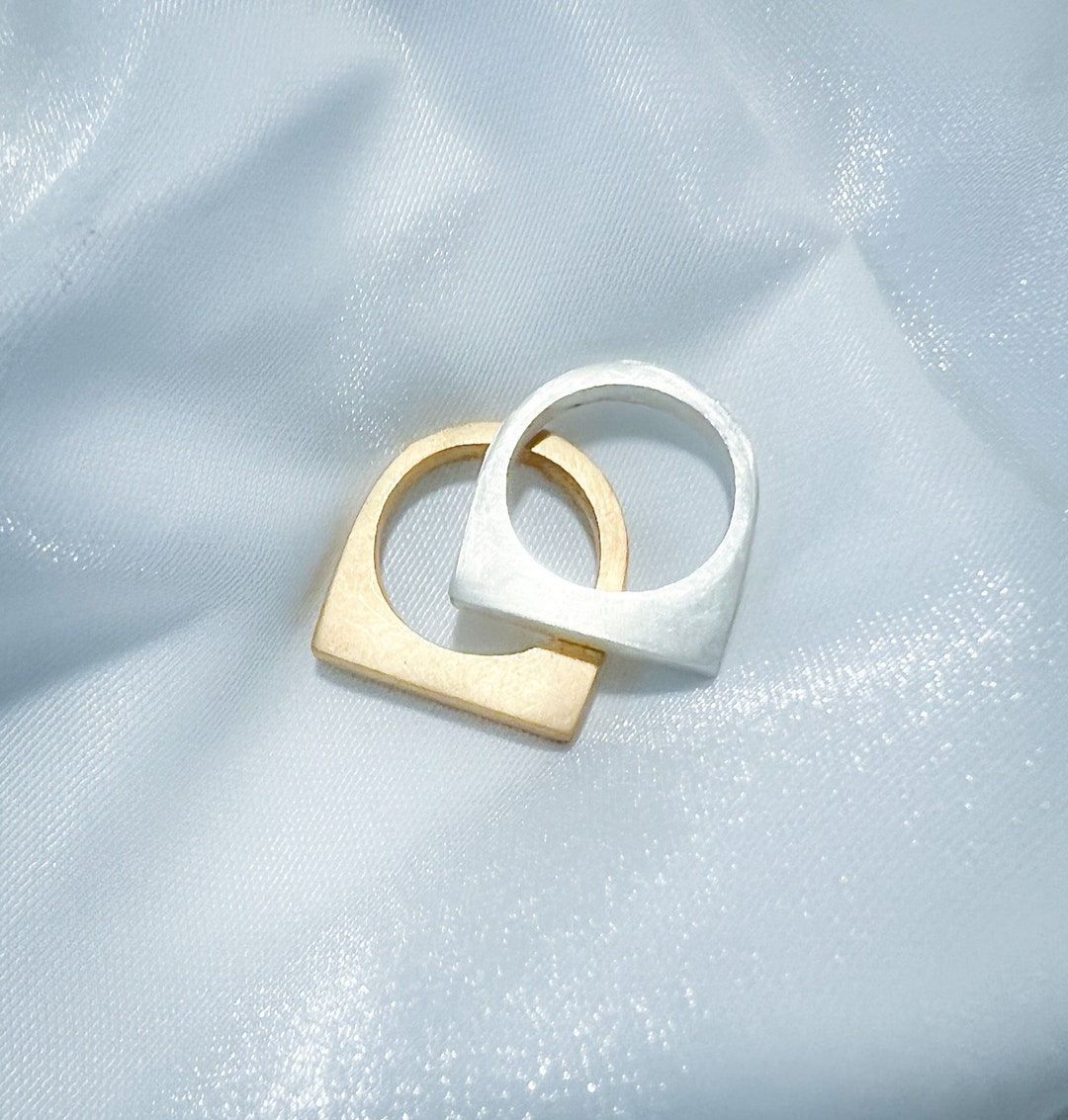 Set Of2 Elegant Bar Rings, Rectangular Silver Ring and Gold Ring ...