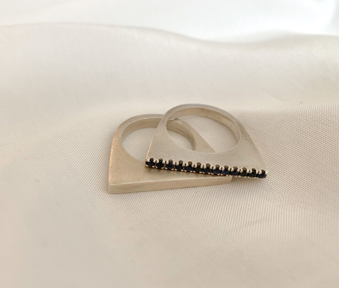 Set of 2 Elegant Bar Rings, Plain and Blue Sapphire, Silver Ring, Gold ...