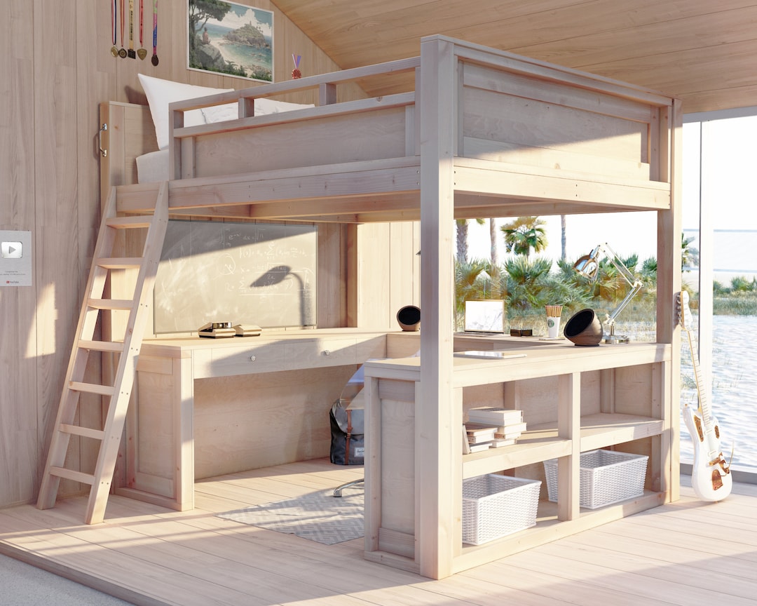 Queen Loft Bed Plan With Desk and Storage, PDF Download - Etsy