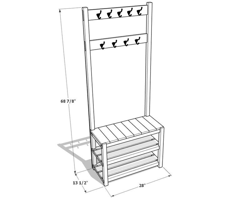DIY Hall Tree Plan PDF: Solid Wood, Coat Hooks, Bench, Shoe Storage - Etsy