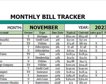 Monthly Bill Tracker Template, Printable Bill Tracking, Fillable Excel ...