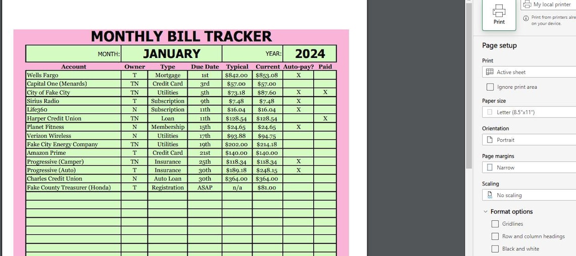 Monthly Bill Tracker Template, Printable Bill Tracking, Fillable Excel ...