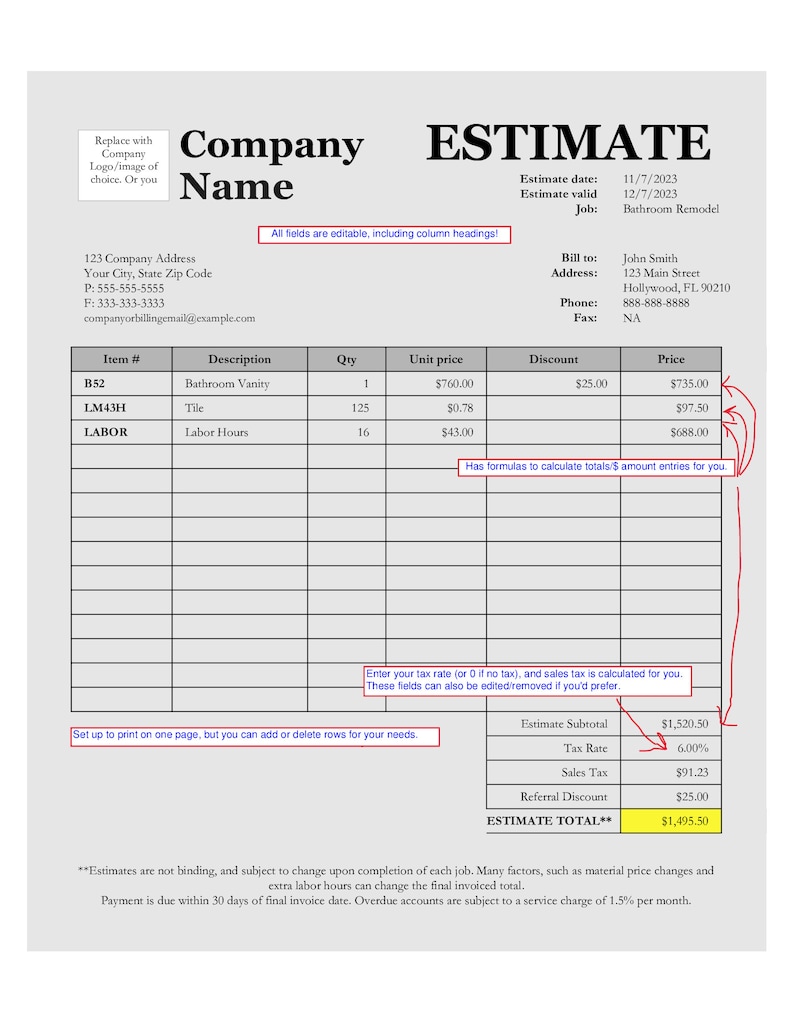 Editable Estimate Template, Printable Estimate, Fillable Excel ...