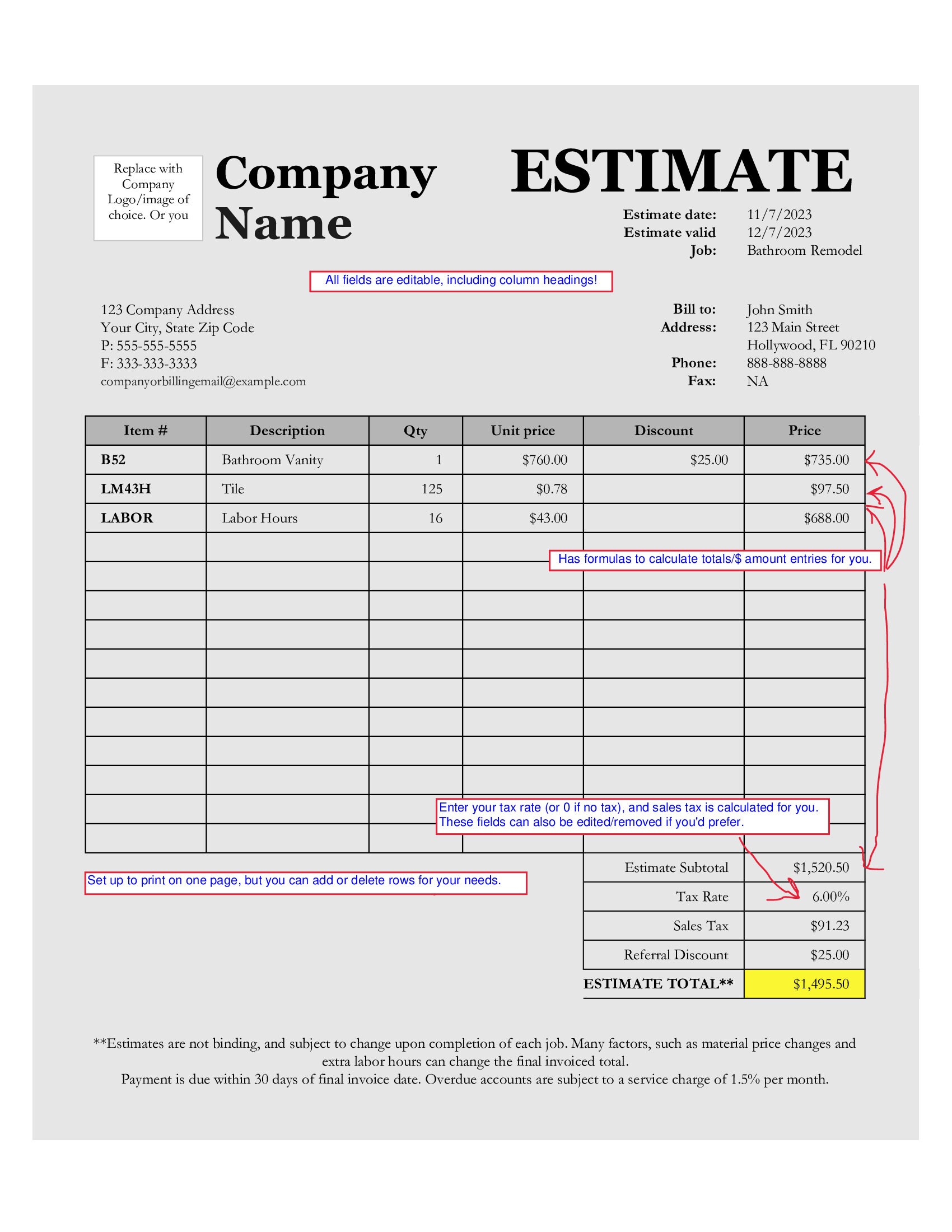 Editable Estimate Template, Printable Estimate, Fillable Excel ...