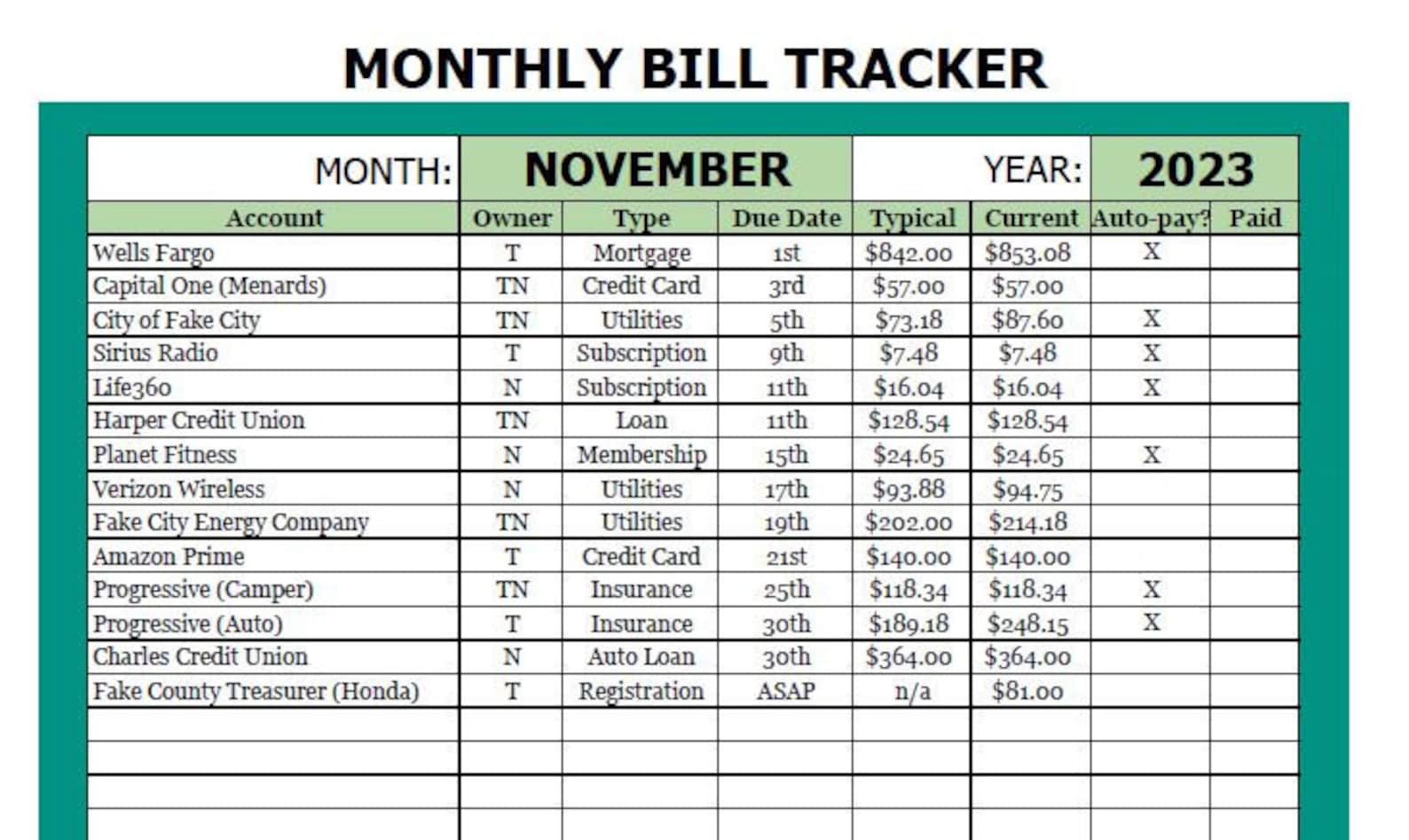 Monthly Bill Tracker Template, Printable Bill Tracking, Fillable Excel ...