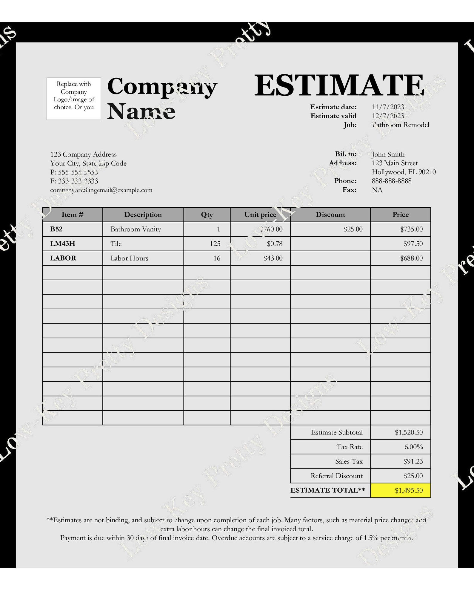 Editable Estimate Template, Printable Estimate, Fillable Excel ...