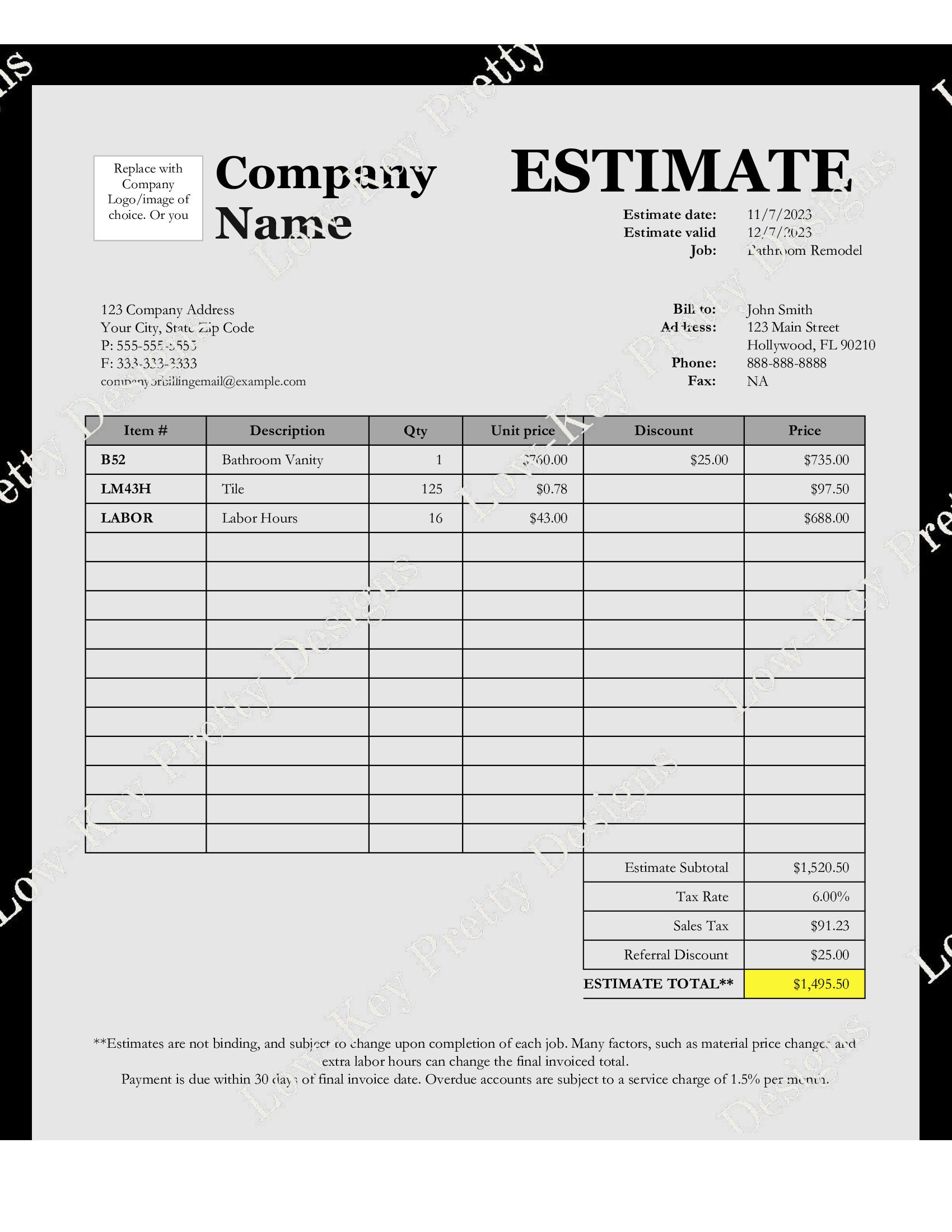 Editable Estimate Template, Printable Estimate, Fillable Excel ...