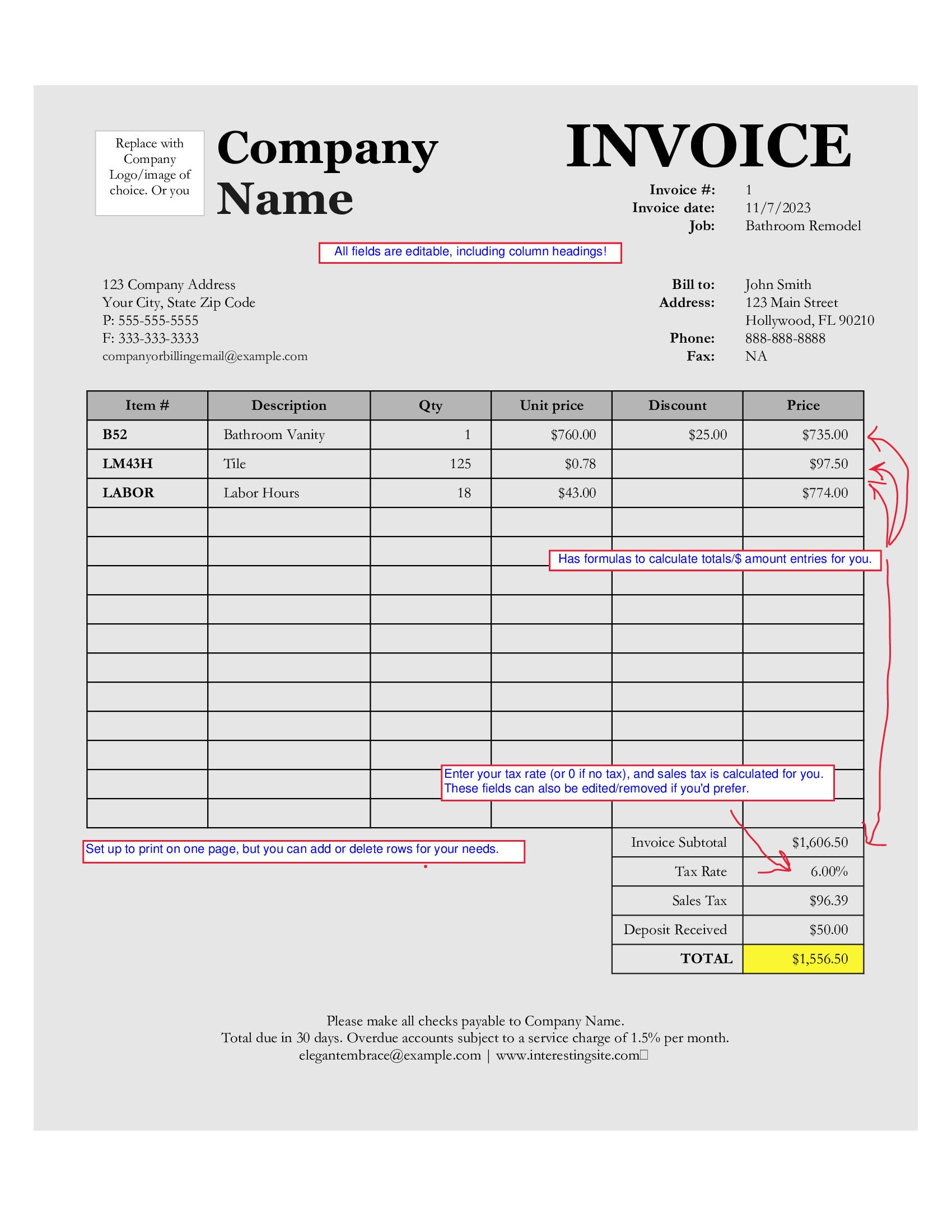 Editable Invoice Template, Printable Invoice, Fillable Excel, Small ...