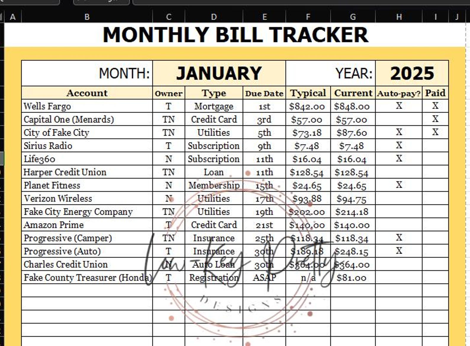 Monthly Bill Tracker Template, Printable Bill Tracking, Fillable Excel ...