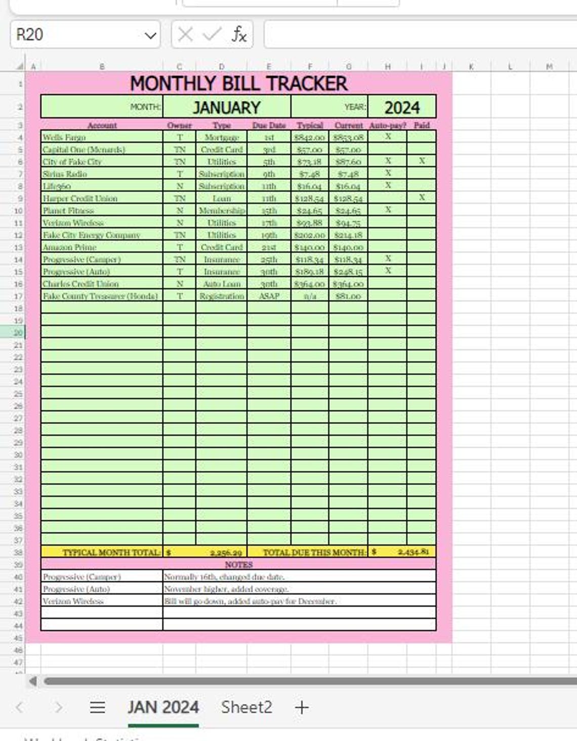 Monthly Bill Tracker Template, Printable Bill Tracking, Fillable Excel ...