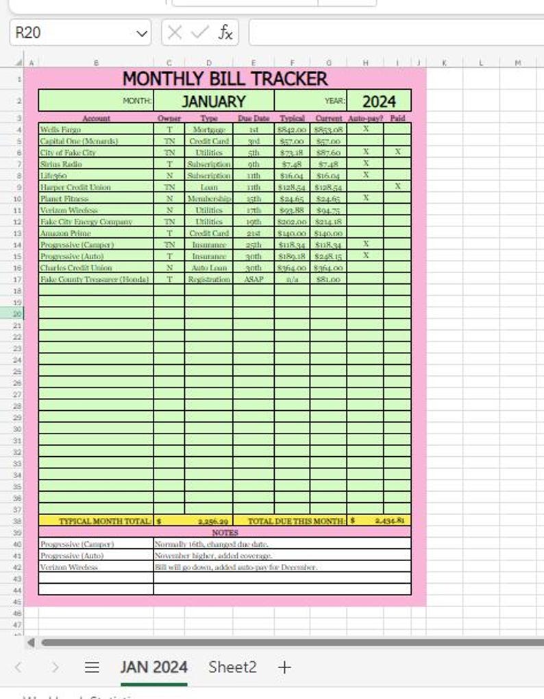 Monthly Bill Tracker Template, Printable Bill Tracking, Fillable Excel Sheet, Bill Tracker for ...