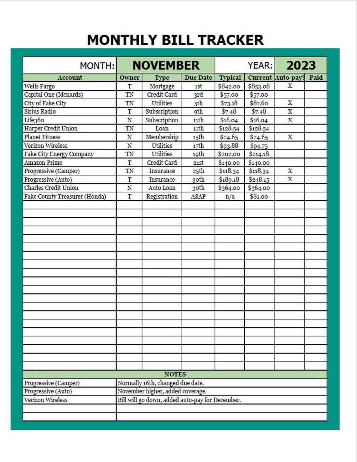 Monthly Bill Tracker Template, Printable Bill Tracking, Fillable Excel ...