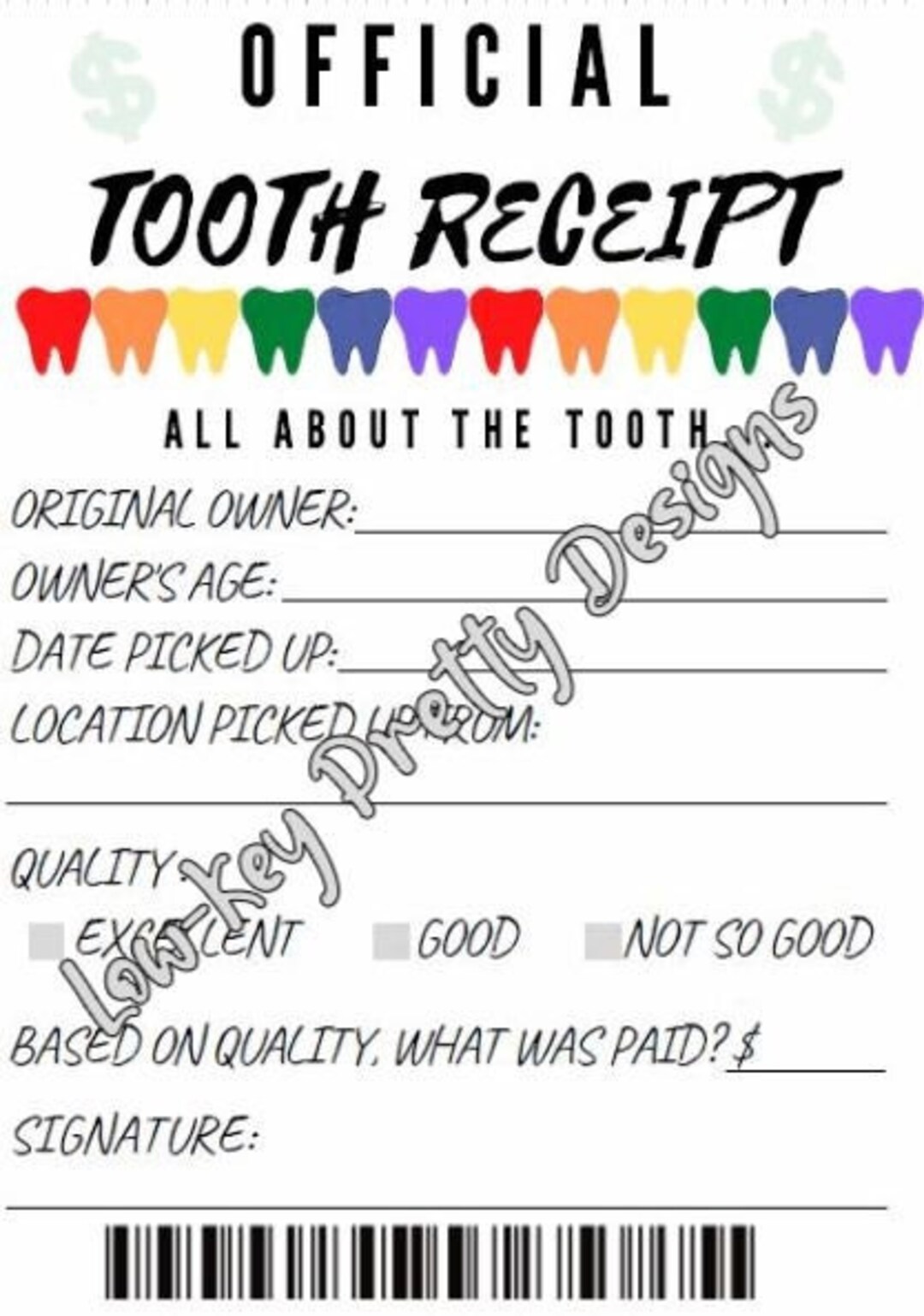 Tooth Receipt for Kids, Official Tooth Receipt - **with or Without ...
