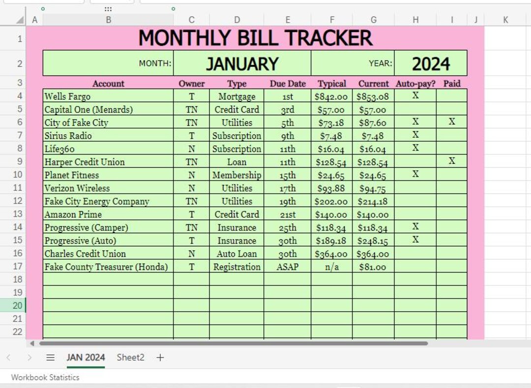 Monthly Bill Tracker Template Printable Bill Tracking Fillable Excel