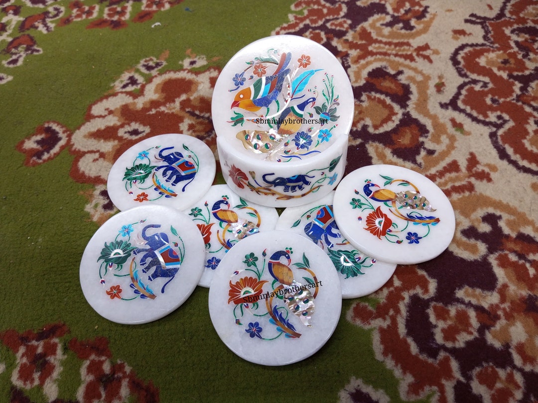 Beautiful Marble Inlay Coaster Set Luxury Handmade Small Details Multi ...