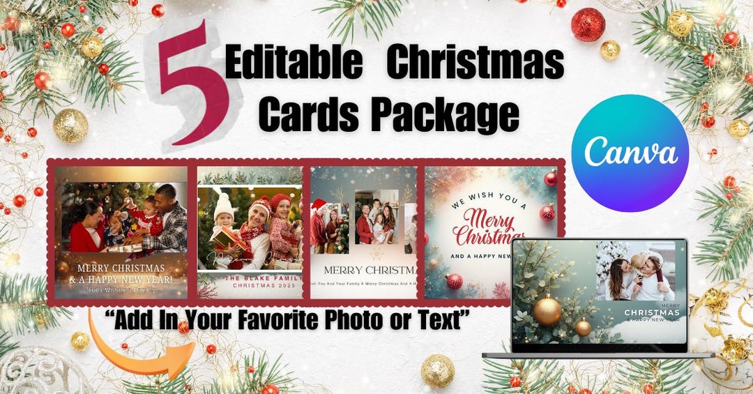 Editable Christmas Card Canva Template - Package of 5 - Etsy