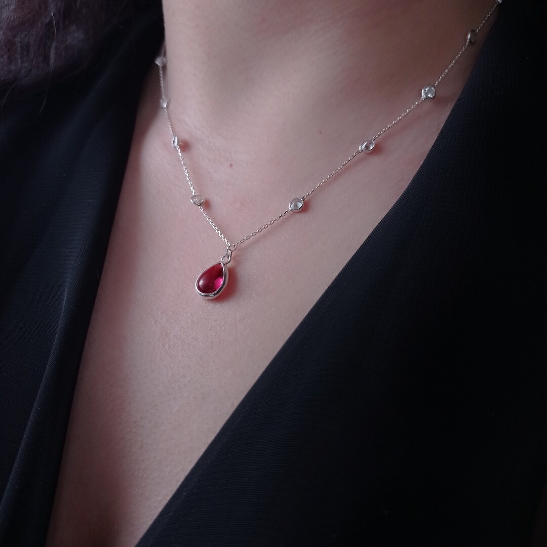 925 Silver Teardrop Red Glass Necklace Multi Stone Solitaire Chain ...