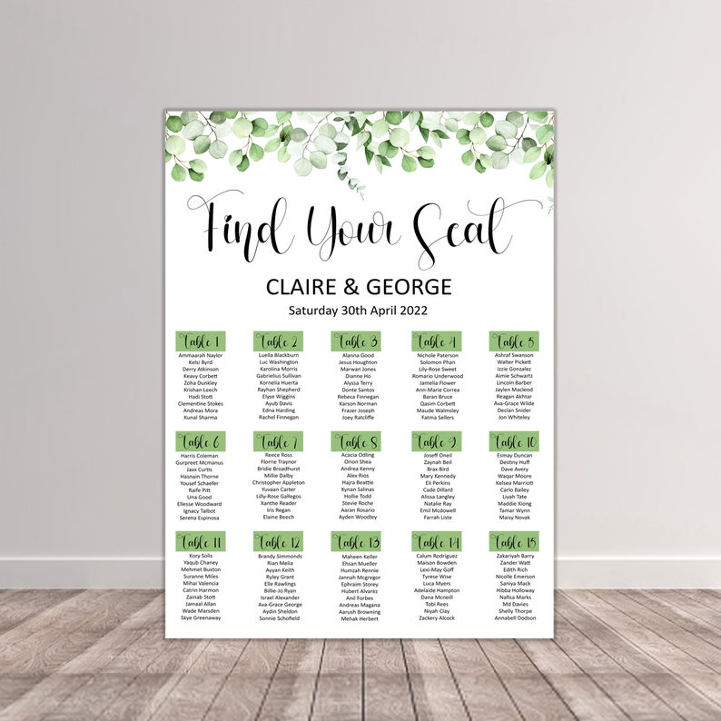 Green Eucalyptus Seating Plan/chart for Wedding Sizes A0 A1 - Etsy