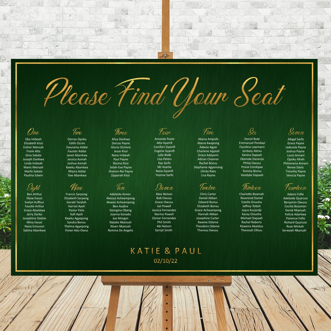 Green and Gold Seating Plan/chart for Wedding Sizes A0, A1, A2 - Etsy UK