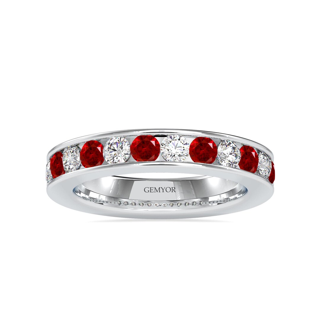 Ruby and Diamond Channel Set Half Eternity Band, Red Sparkle, Gem ...